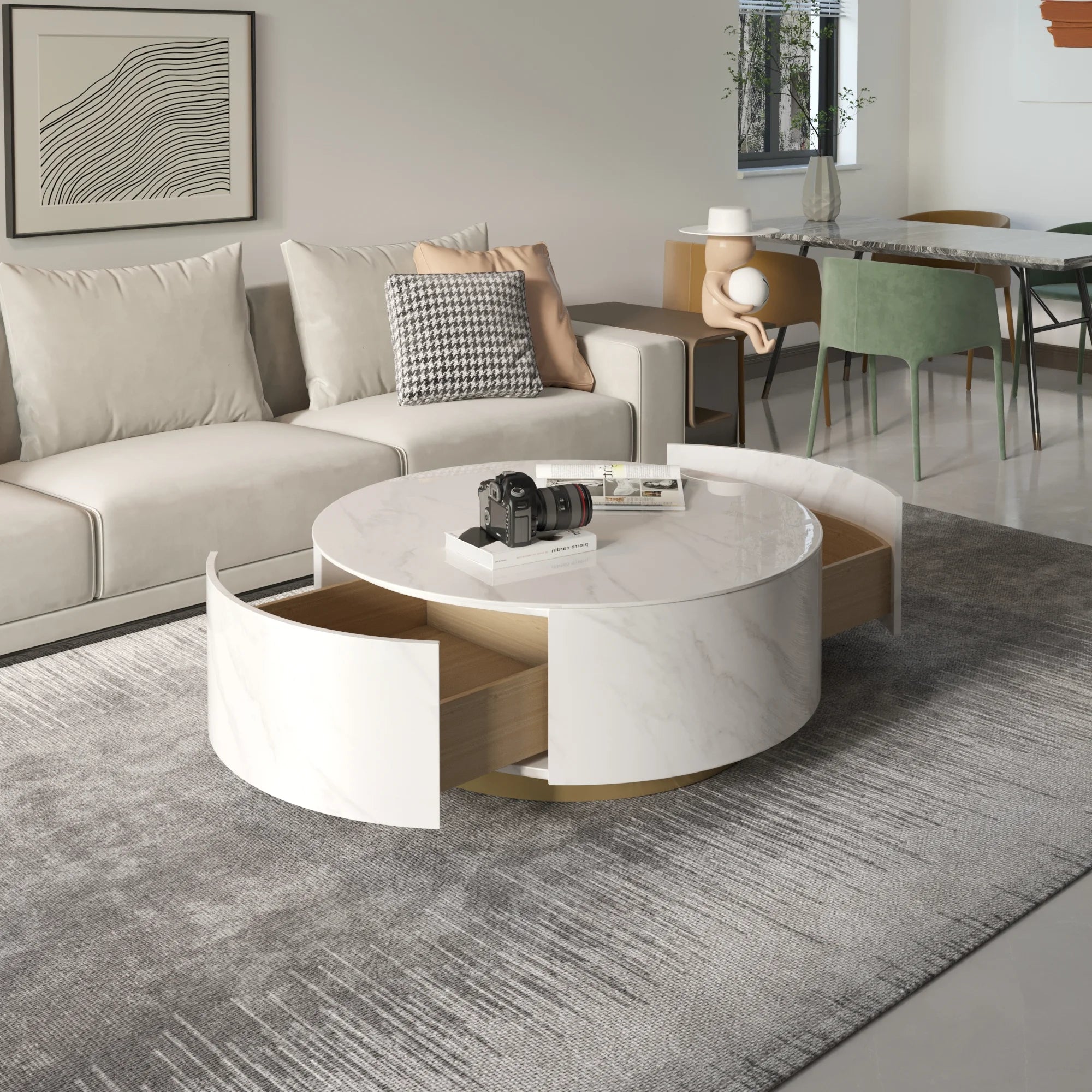 White Stone Coffee Table with 2 Drawers | WJS Home