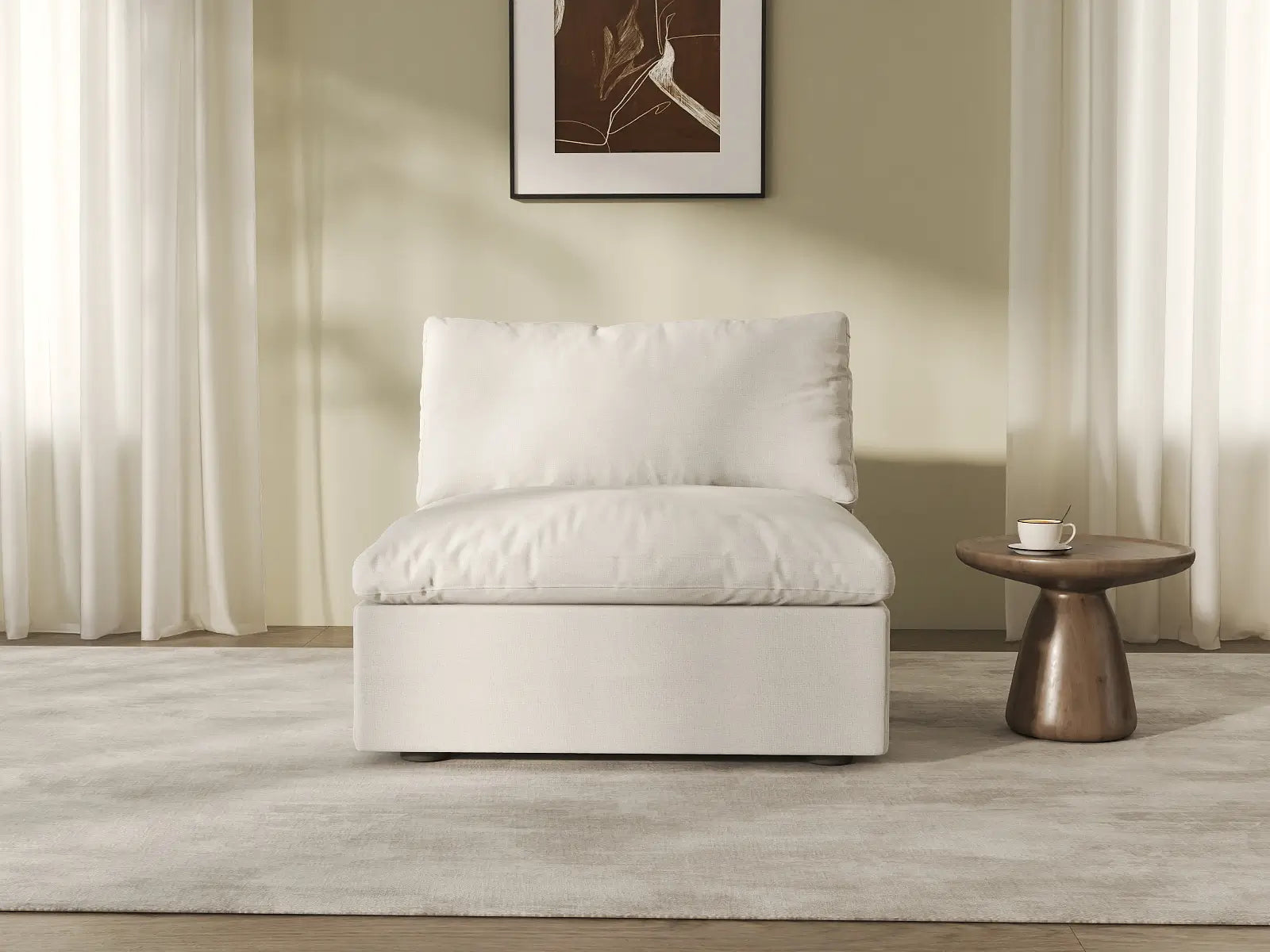 Deluxe White Cotton and Linen Armless Single Sofa 1-seater | WJS Home