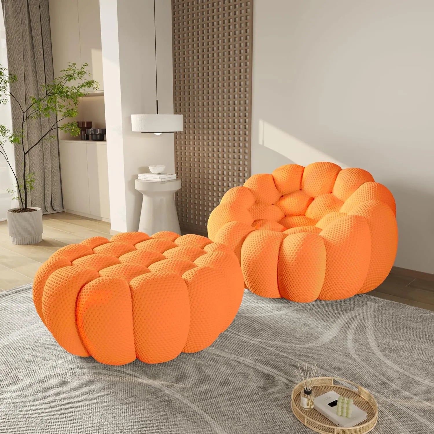 Essential Orange 3D Knitted Fabric Single Seat 1-seater with 1 Ottoman ...